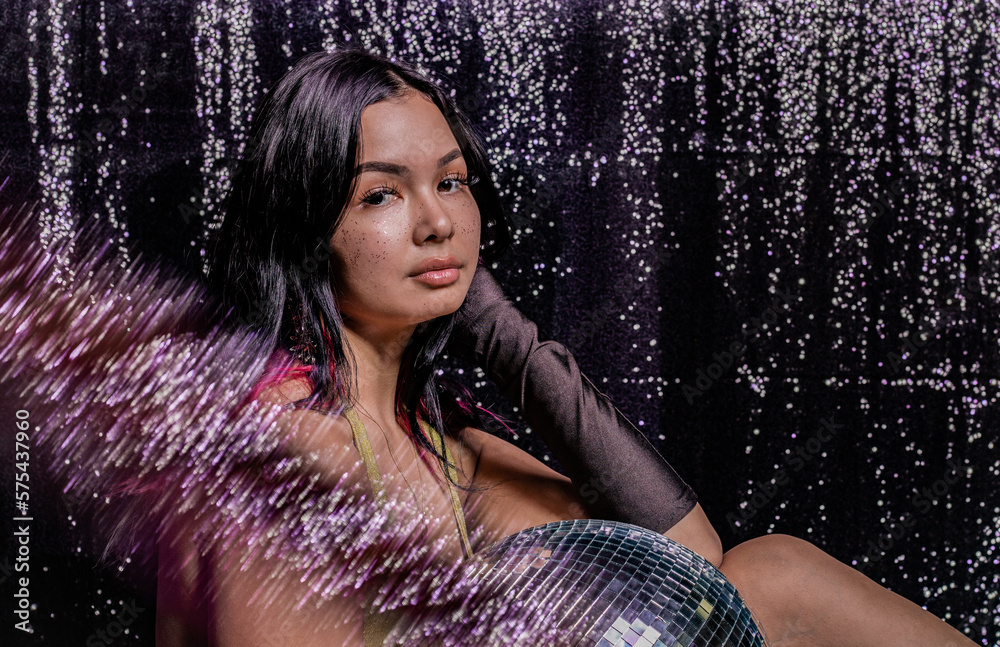 euphoria inspired editorial photo shoot glitter background purple black model caucasian hispanic ...