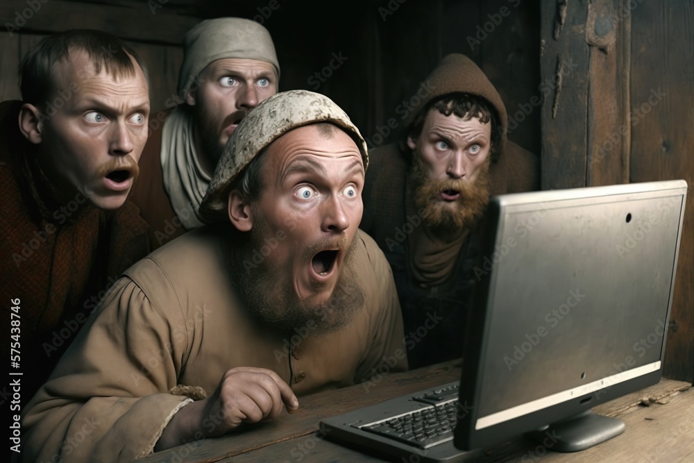 Russian peasants using computer surprised, concept of Unexpected ...