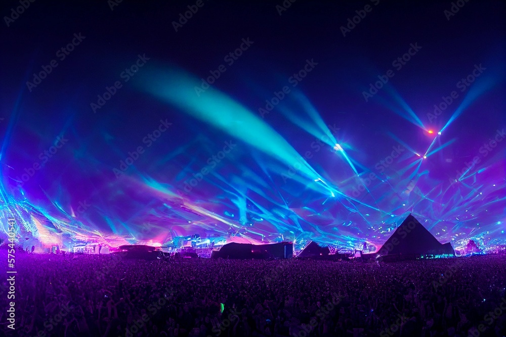 Panorama live music concert crowd and audience with beams light show ...