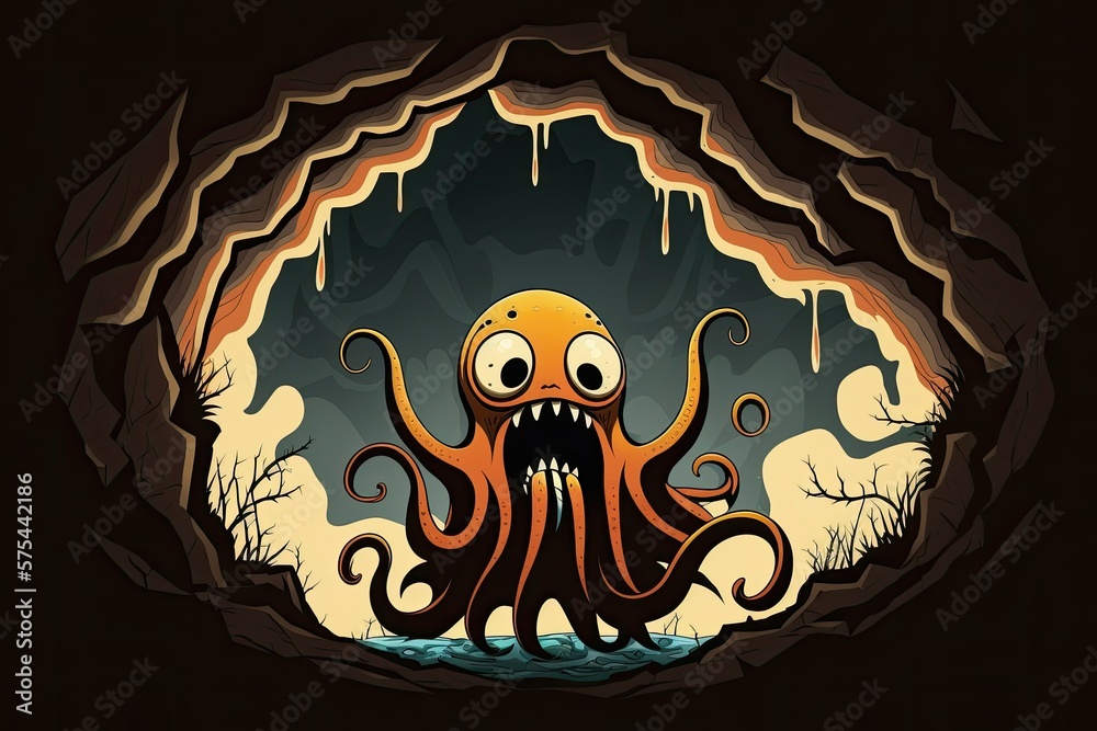 An illustration or cartoon depicting a tentacled cave monster with ...