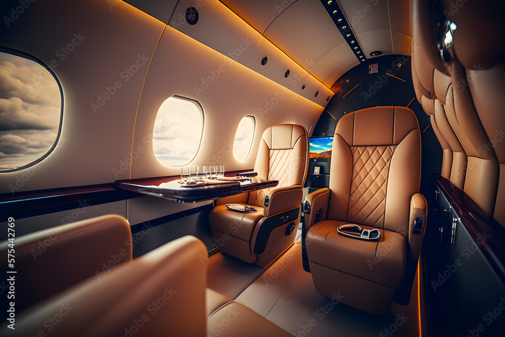luxury interior in the modern business jet and sunlight table with ...