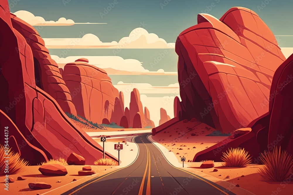 Hyper-detailed Cartoon Illustration of a Desert Road in a Canyon with ...