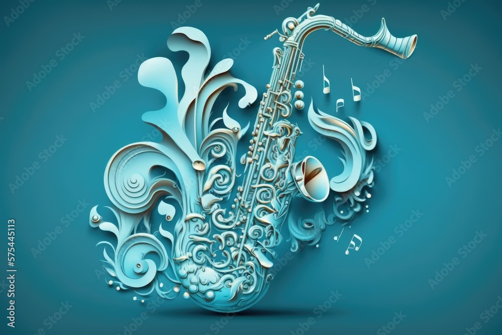 Saxophone playing music notes and other symbols on a light blue ...
