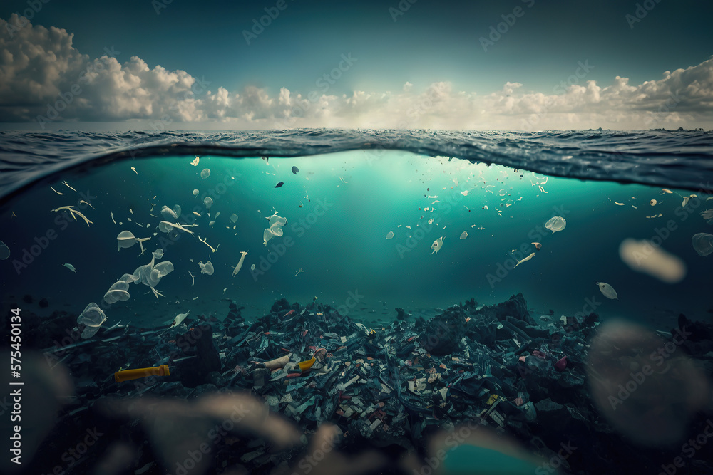 undersea or ocean bottom full of garbage and plastic waste as wide ...