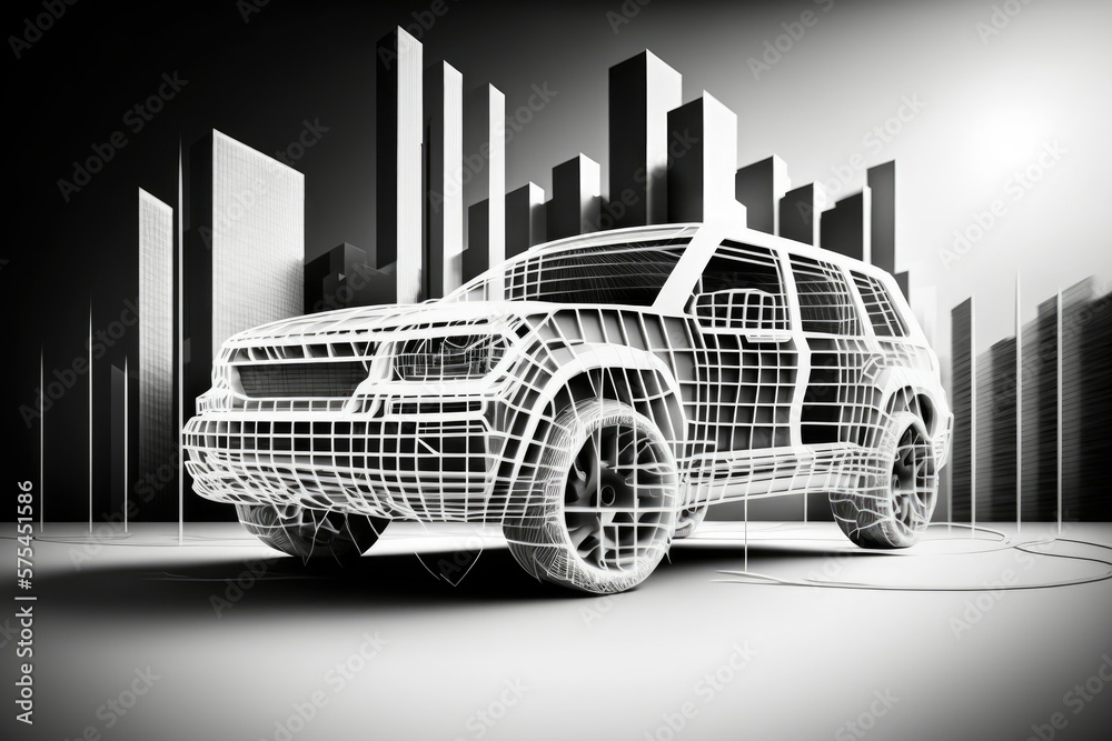 Conceptual wireframe car in motion, with a cityscape of the future in ...