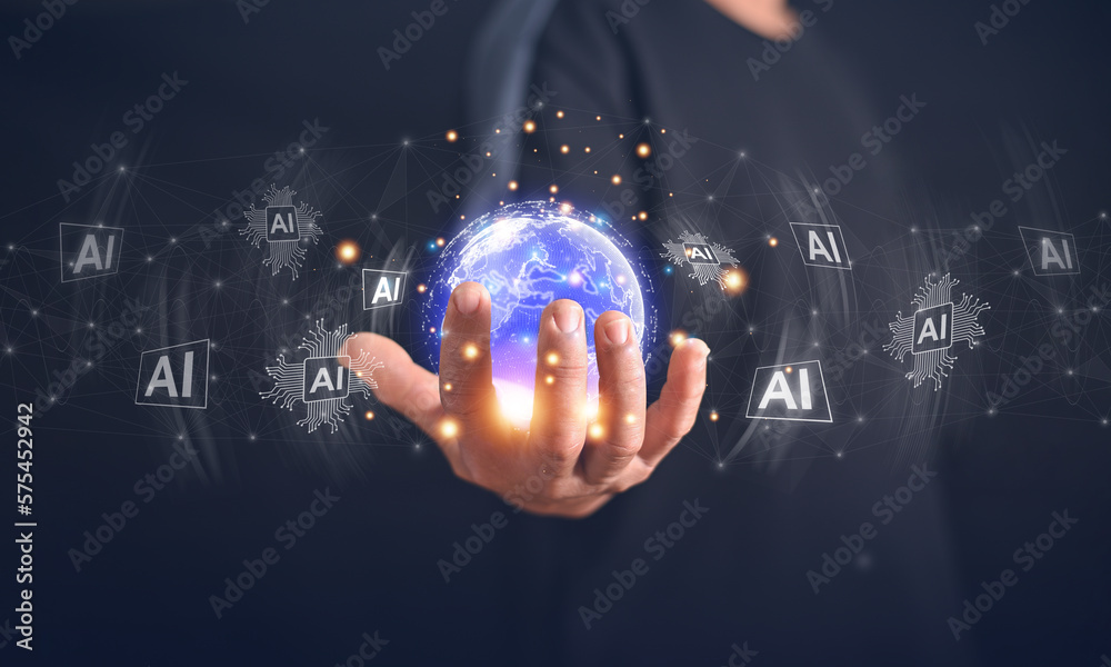 Artificial intelligence or AI of futuristic technology concept, Hand ...
