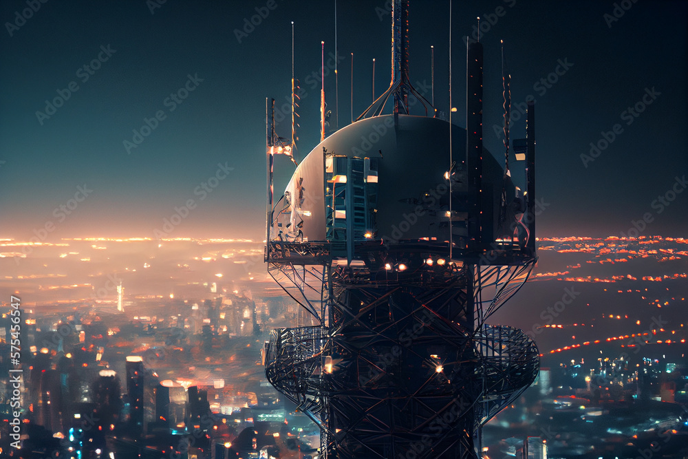 5G network transmitters on the roof of a skyscraper. Antenna for the 5G cellular network ...