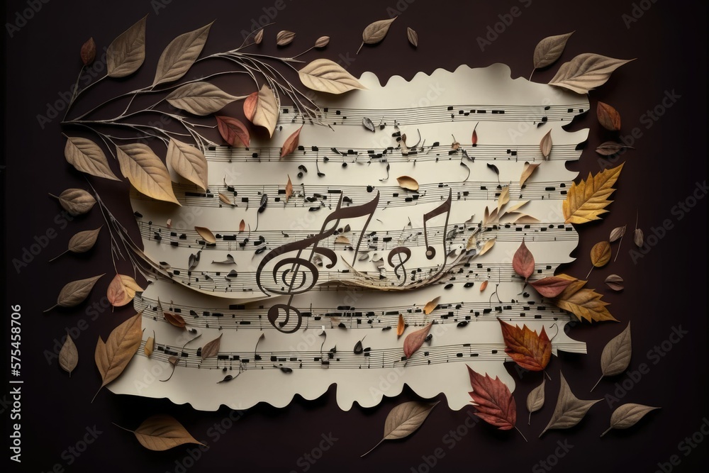 Notes from a song. Leaves and music notes. Amazing autumnal backdrop ...