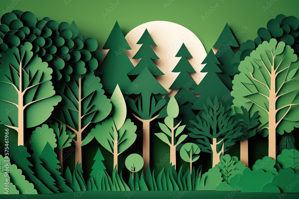 Green forest and wildlife background in paper cut art style. Generative ...