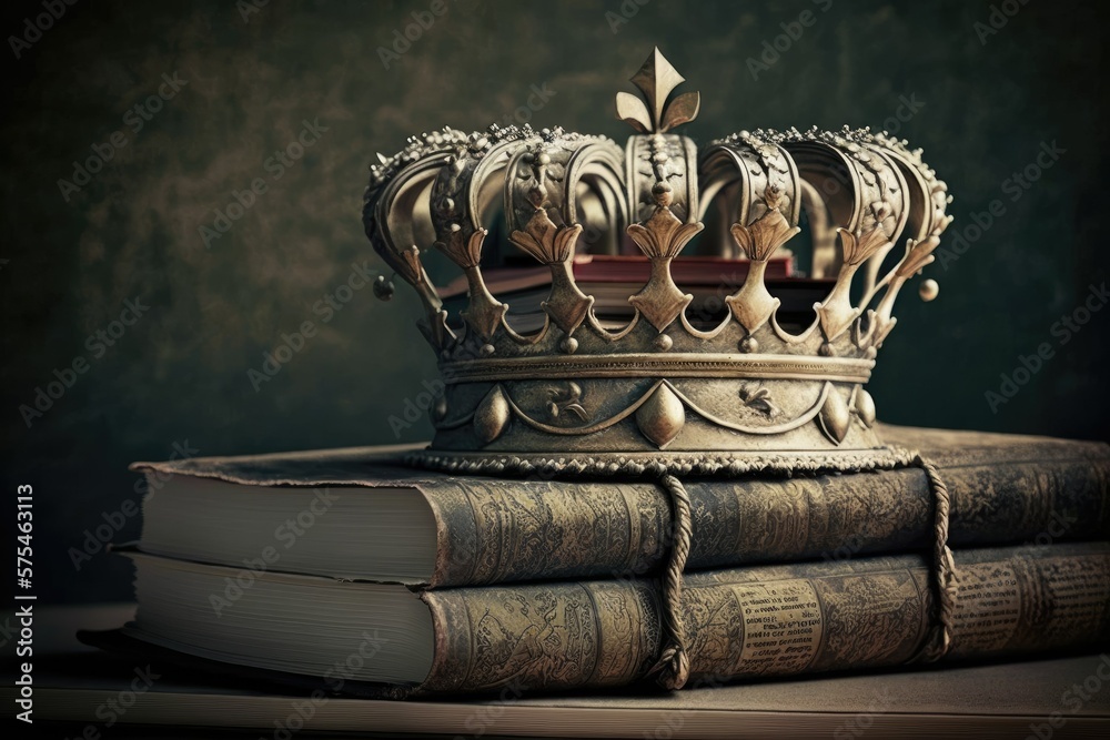 elegant crown of a queen or king, subtly depicted on a stack of old ...