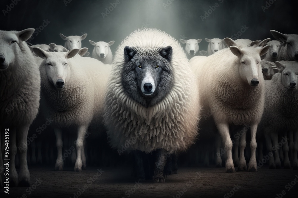 Wolf standing between sheeps, created with Generative AI technology ... Wolf standing between sheeps, created with Generative AI technology ...