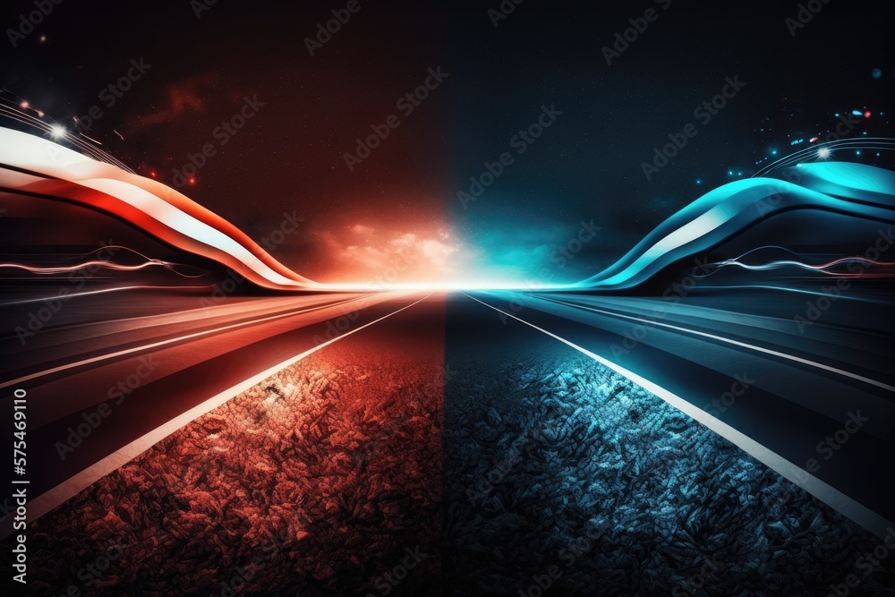 International racetrack with lights and starting line at night in fast ...