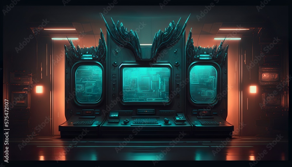 Dark sci-fi theater with horroristic creepy futuristic interior ...