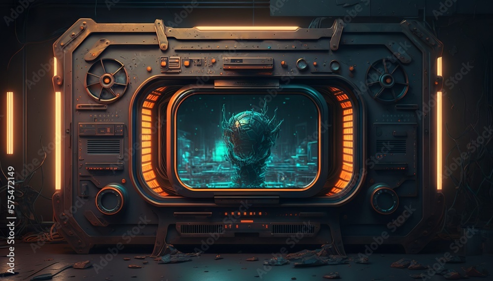 Dark carnival style monitor screens and creepy cyberpunk tech in arcade ...