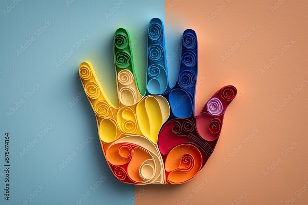 human palm paper quilling on colored back, concept of Paper Crafting ...