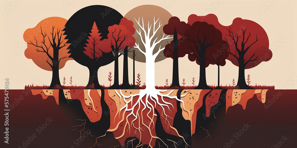 Simplistic illustration, featuring a series of trees in various shades ...
