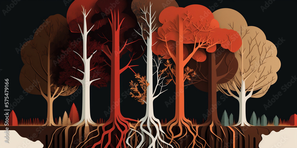 Simplistic illustration, featuring a series of trees in various shades ...
