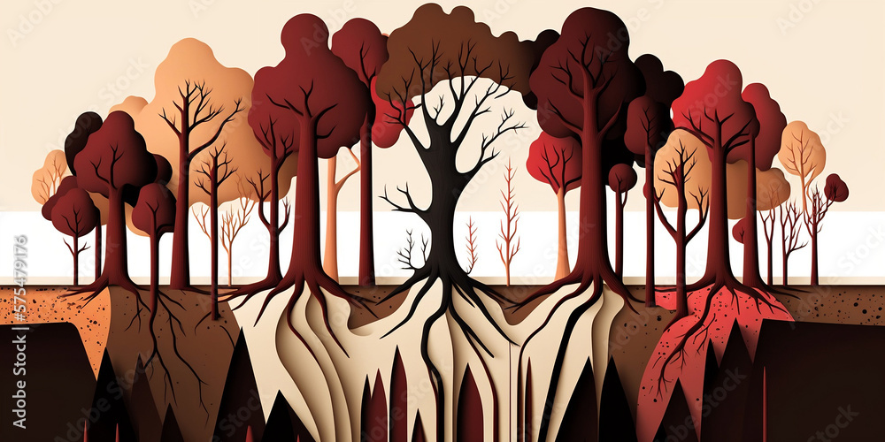 Simplistic illustration, featuring a series of trees in various shades ...