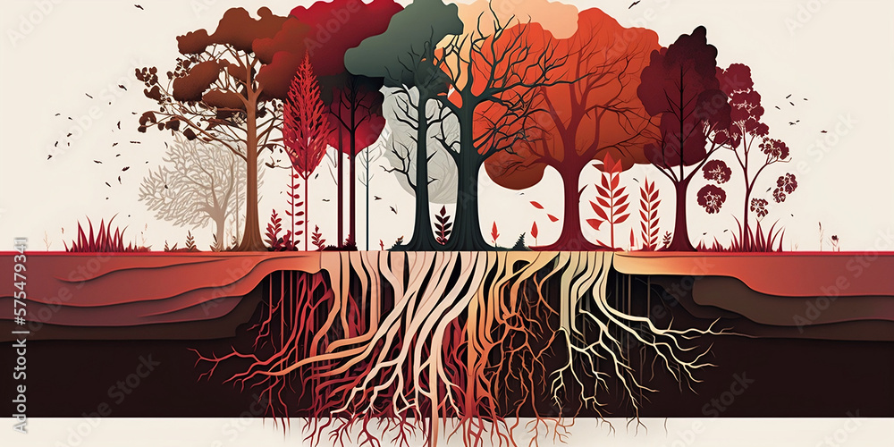 Simplistic illustration, of trees in various shades of brown and red ...