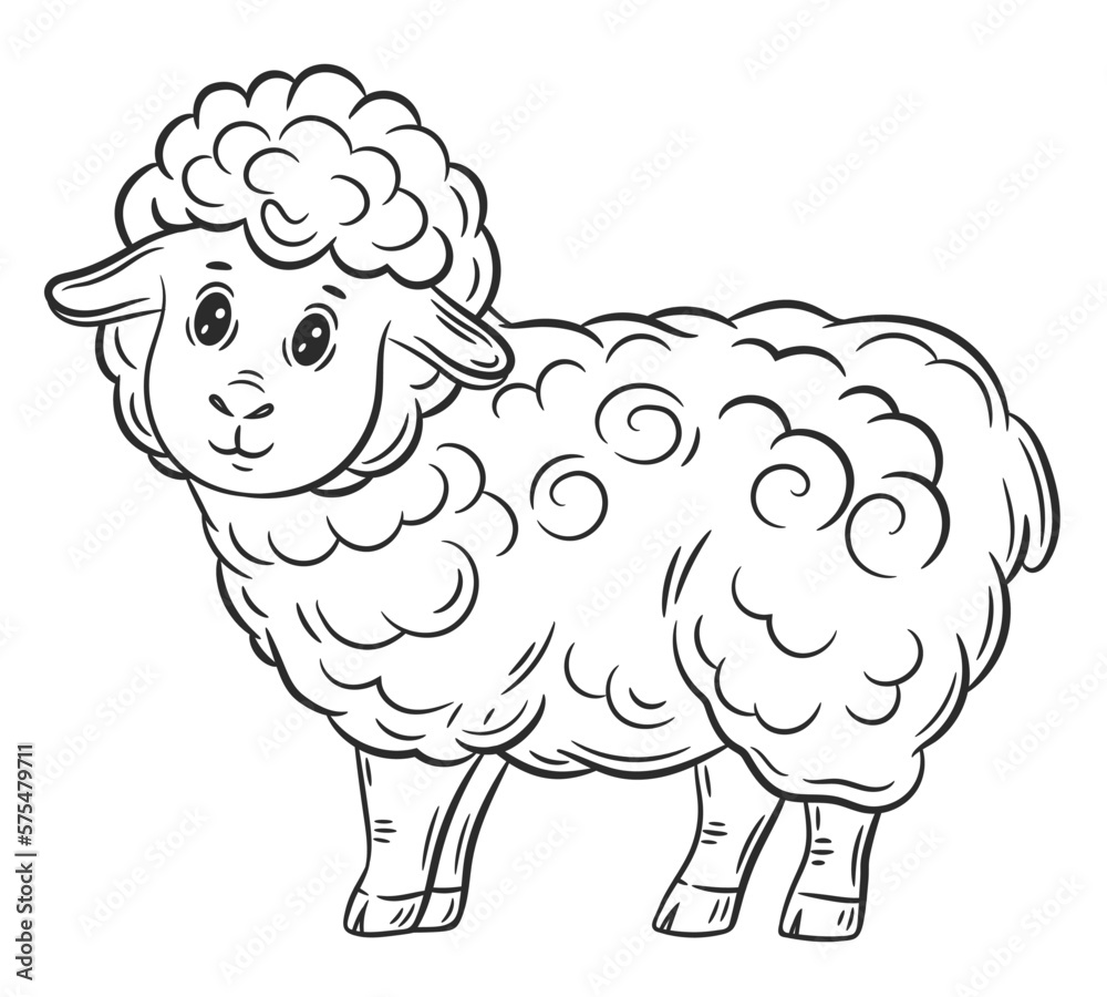 Cute sheep, little lamb farming animal line icon. Funny domestic ewe ...