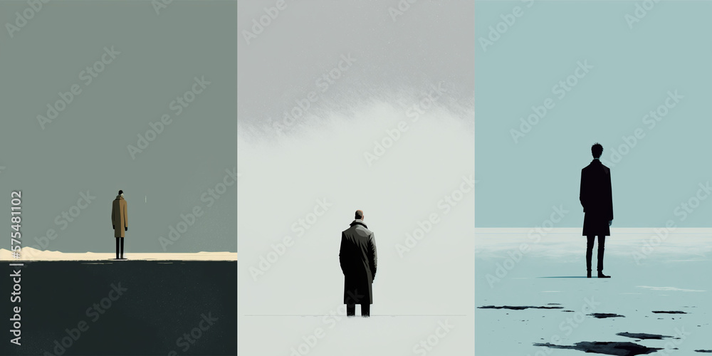 3 illustrations of loneliness minimalist nordic painting art of single ...