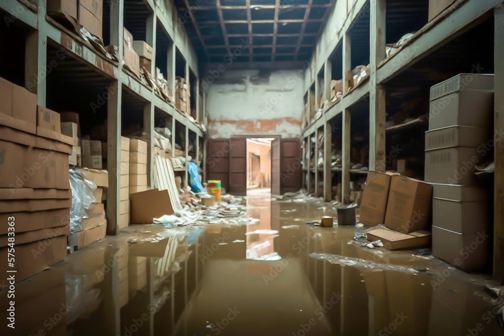 interior of warehouse, damaged by a flood water, full of gods ...