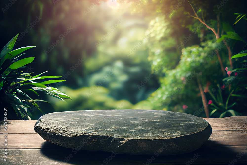 Empty stone table for product advertising display in fresh green jungle ...