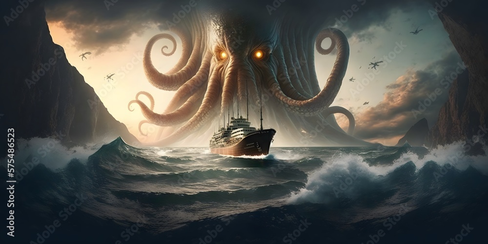 Kraken/Cthulhu Attack on Ship in the Ocean, Generative AI Stock Illustration | Adobe Stock
