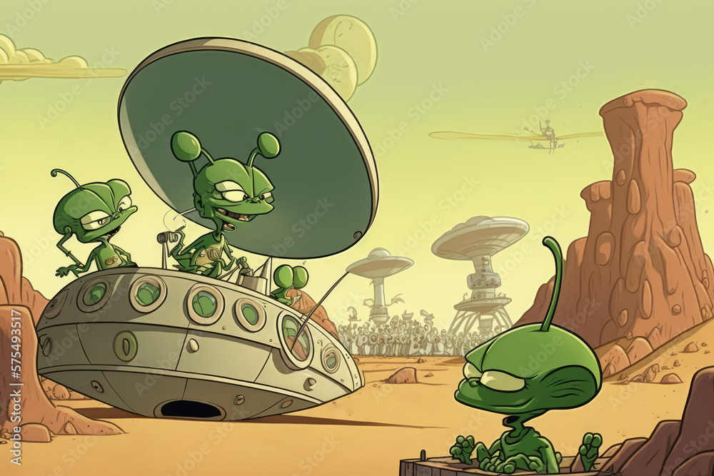 Toontown's Martian home page. Little green men in a ufo above a Martian ...