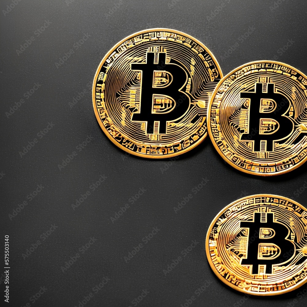 Generative AI,three shiny bitcoin cryptocurrency coins of different ...