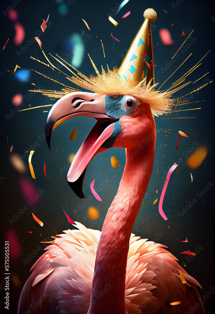 fröhlicher Flamingo mit Partyhut und Konfetti in Partystimmung ...
