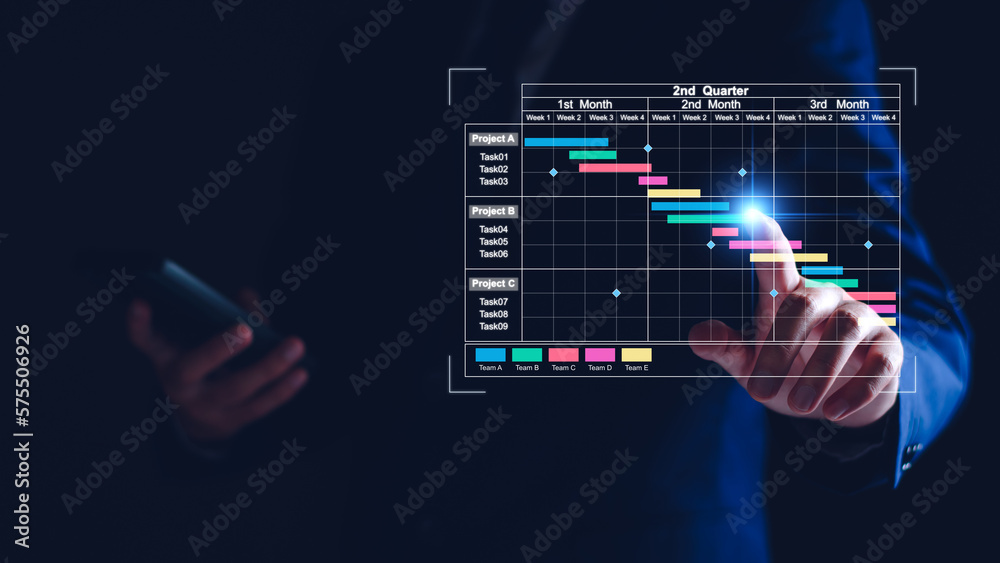 Project manager working on tablet. updating tasks and milestones ...