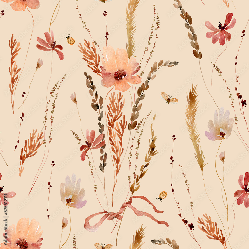 Watercolor boho wildflowers floral seamless pattern. Hand drawn elegant ...