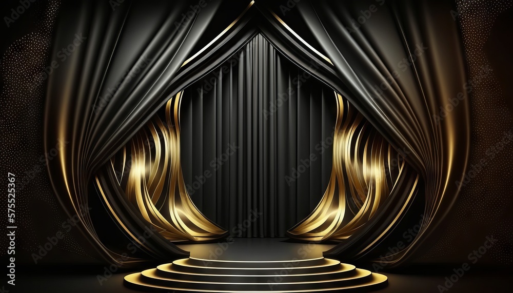 Black Golden Curtain Stage Award Background. Trophy on Red Carpet ...