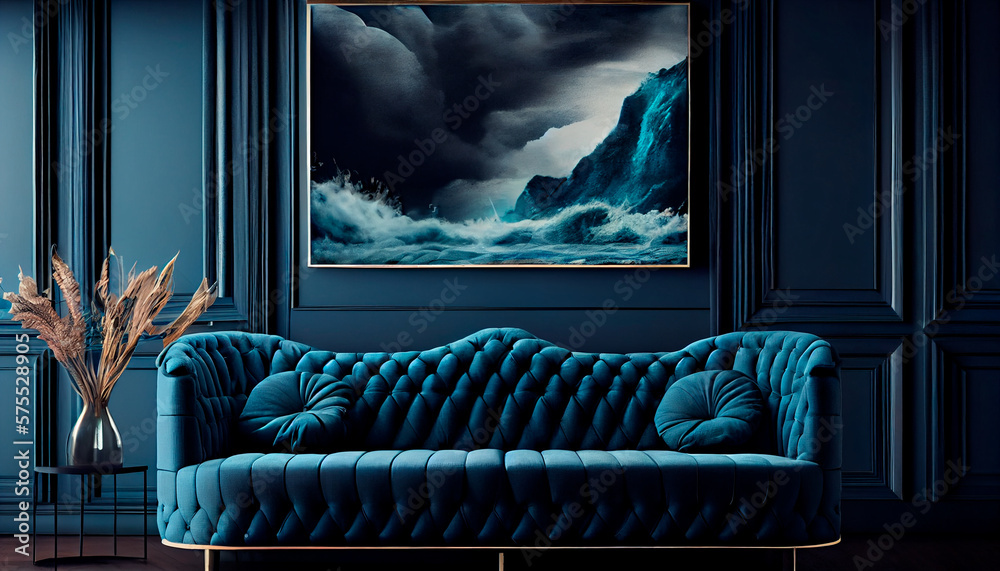 Premium living room in blue tones trend. Empty wall for art blank ...