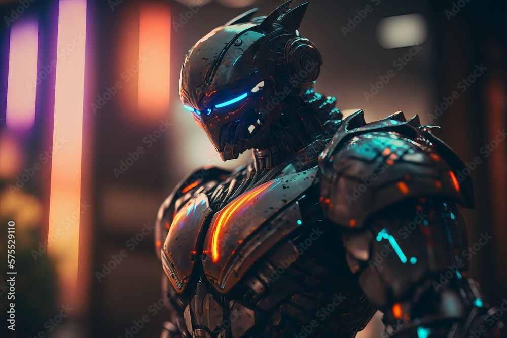 The cybernetic robot is composed of metallic parts and illuminated with ...