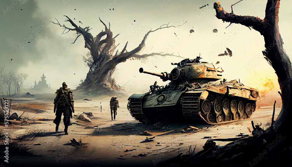 Military tanks and dead trees of a devastated war. Generative AI Stock ...