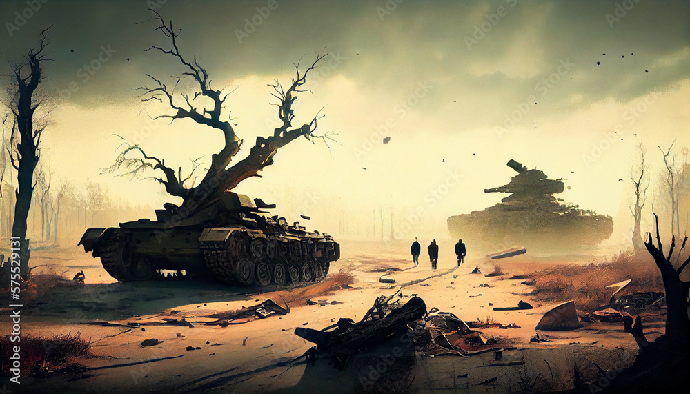 Military tanks and dead trees of a devastated war. Generative AI Stock ...