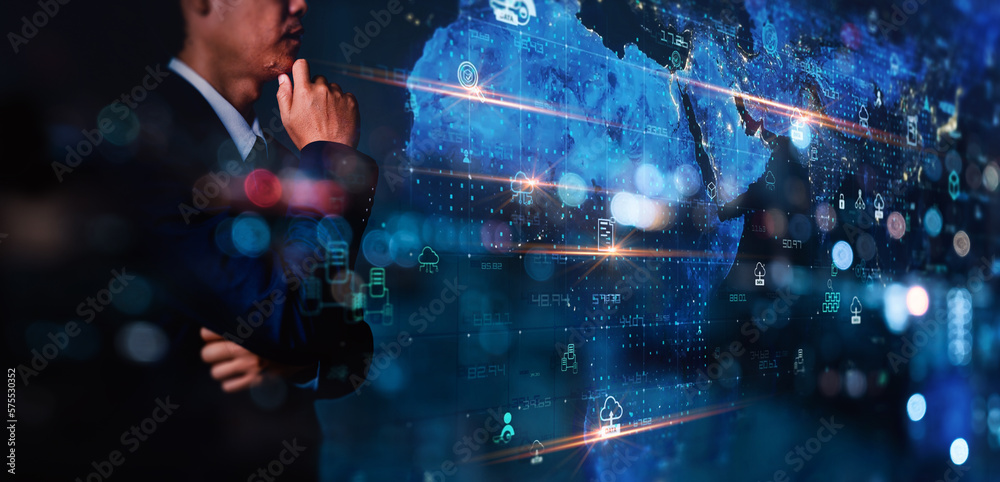 Businessman looking at virtual reality board. IoT, Internet of Things ...