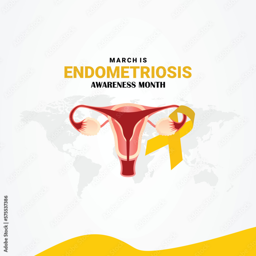 March is Endometriosis Awareness Month vector. Human uterus with yellow awareness ribbon vector ...