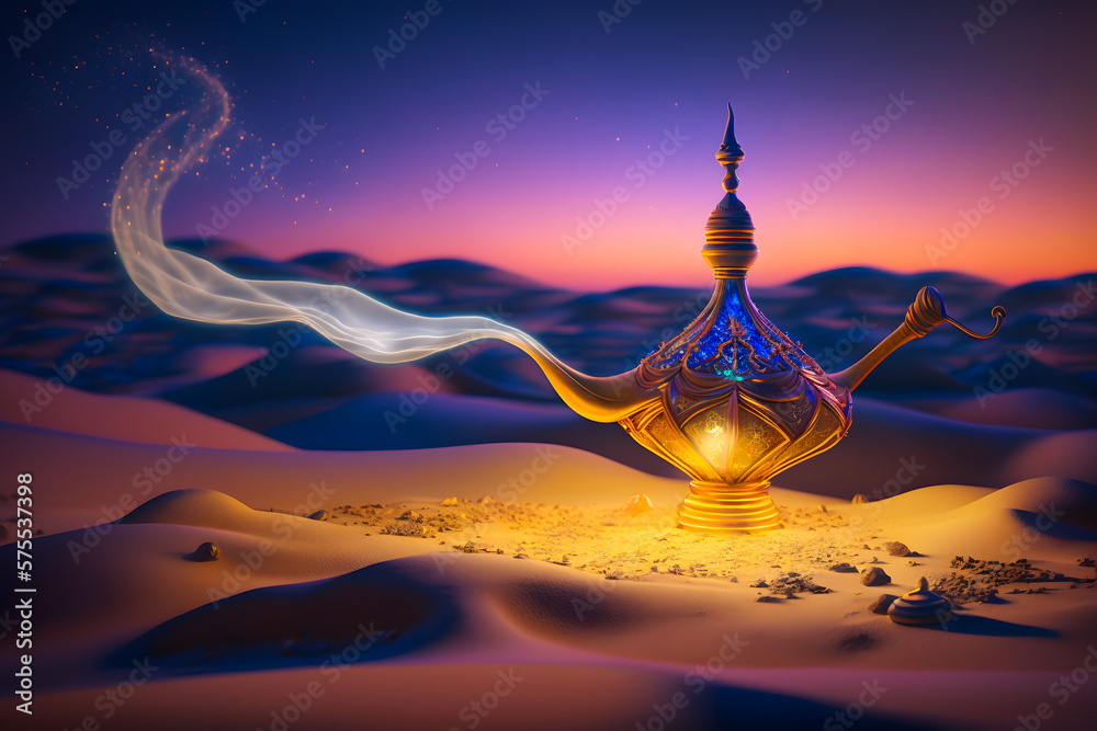 Lamp of wishes on sand in desert genie coming out of the bottle ...