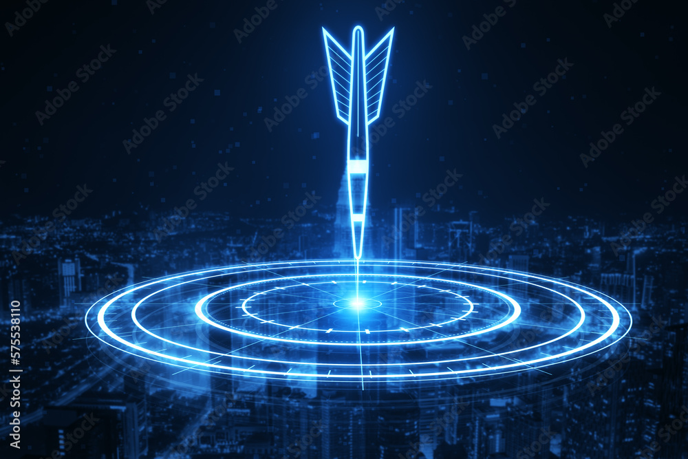 Target concept with a glowing hologram of bullseye and arrow hitting ...