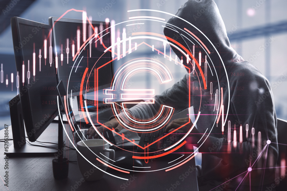 Side view of hacker at desktop using laptop with downward red euro ...