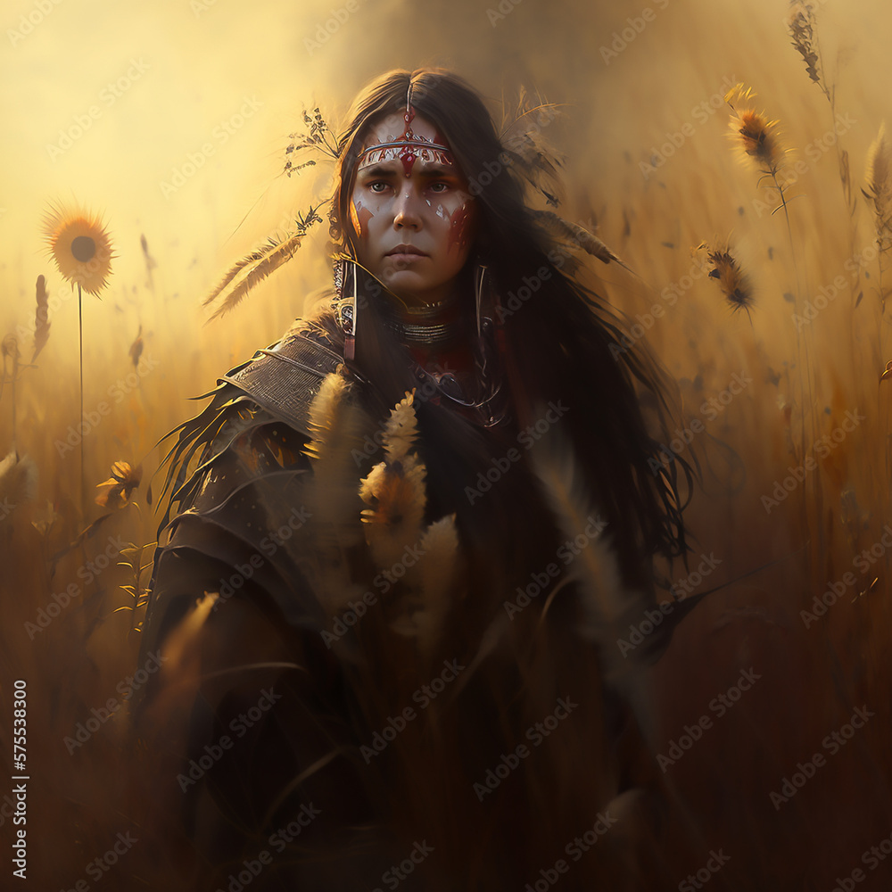 Indigenous American Tribal Warrior Princess standing in a field of tall ...