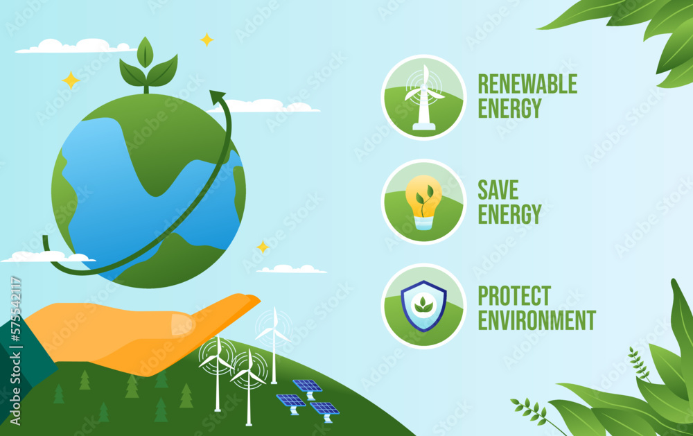 Save earth, environmental campaign banner vector. renewable energy ...