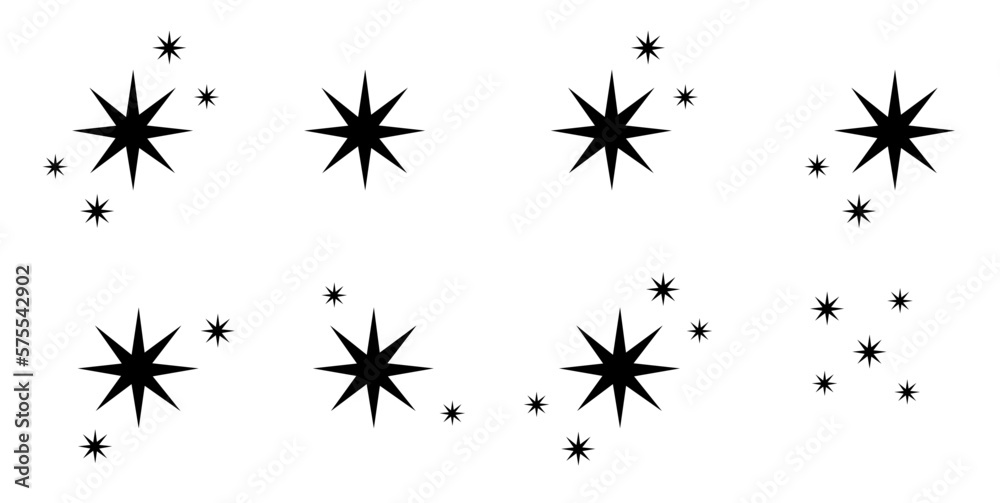 Black stars icon setStar icons. Twinkling stars. Different forms of ...