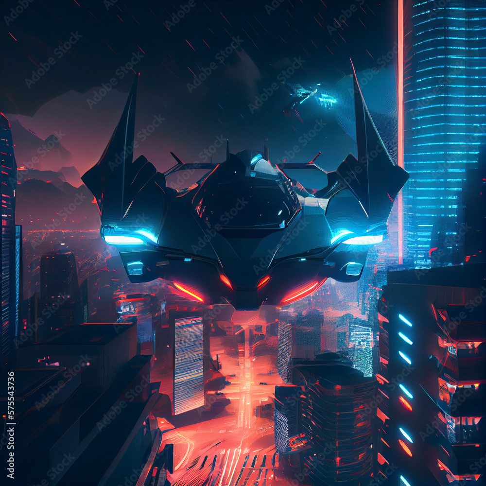 mysterious futuristic night city flying cars, penthouse panorama view ...