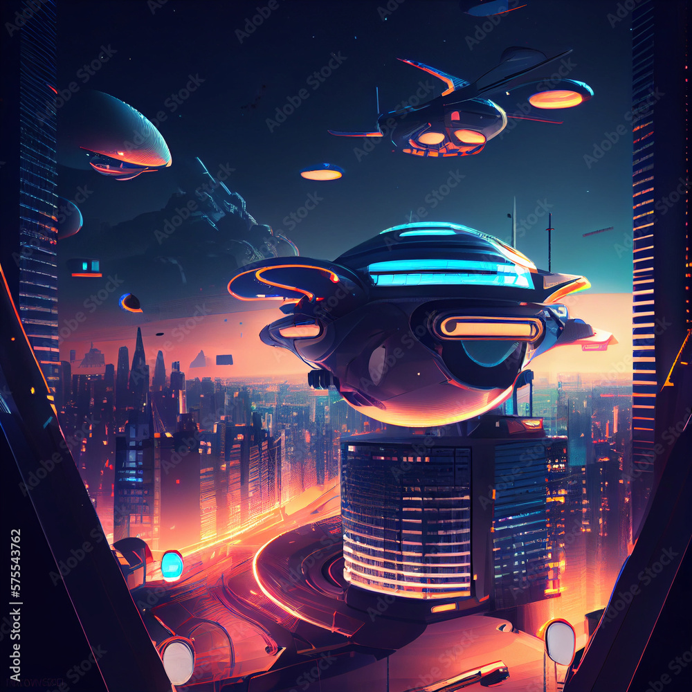 mysterious futuristic night city flying cars, penthouse panorama view ...