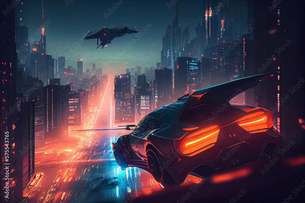 mysterious futuristic night city flying cars, penthouse panorama view ...