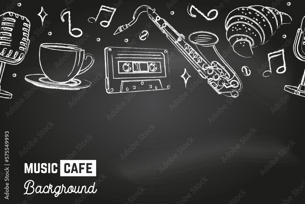 Seamless pattern with music instruments and coffee cup for music cafe ...
